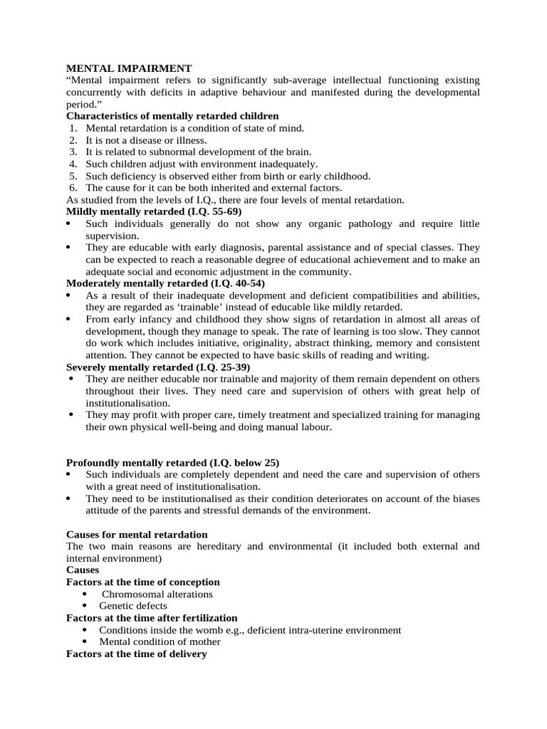 Mental Impairment Class 11 ISC | PDF | Intellectual Disability | Intelligence Quotient