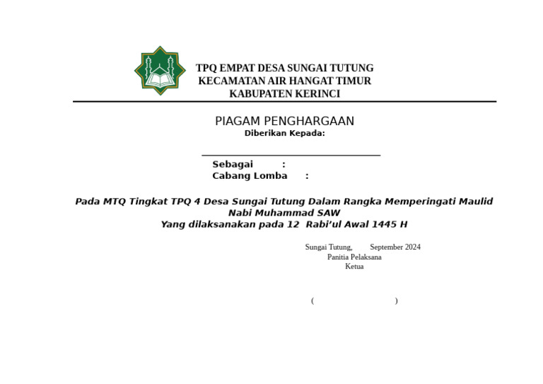 Piagam Penghargaan MTQ TPQ Sungai Tutung | PDF