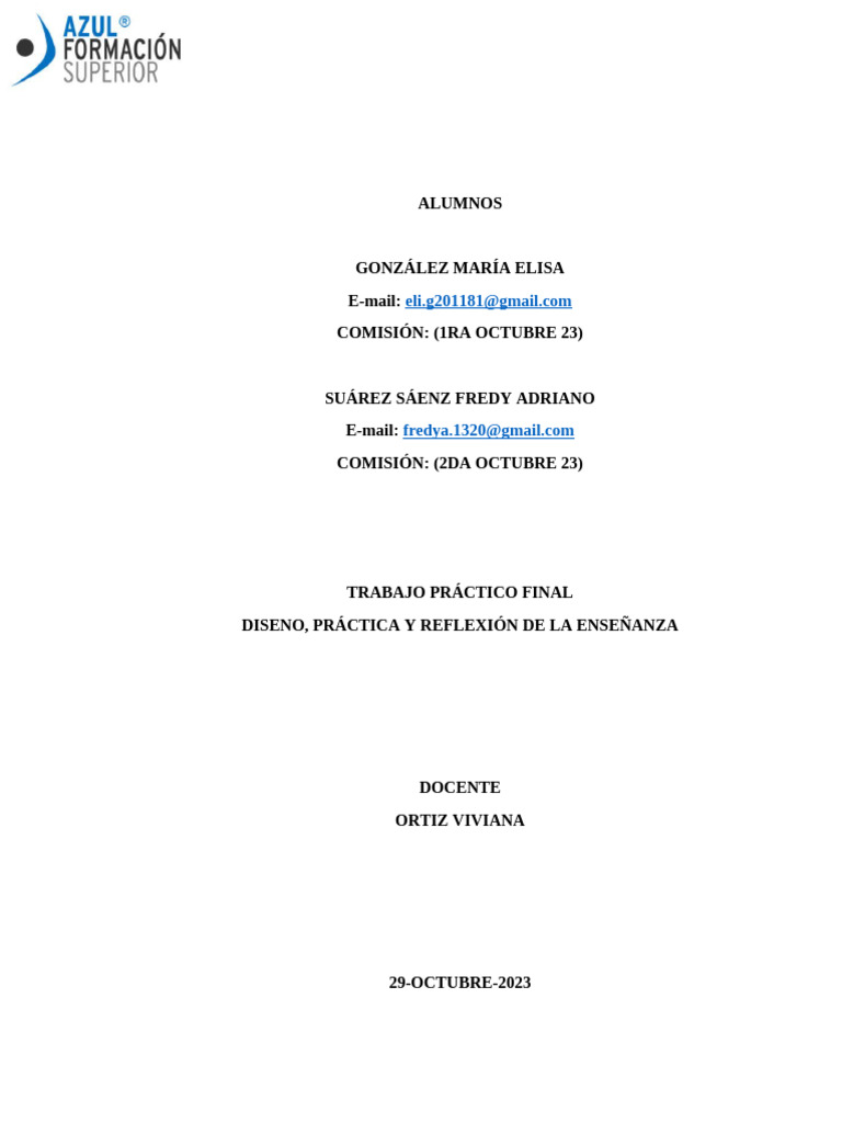 TP Final de Diseño, Práctica y Reflexión de La Enseñanza. María Elisa González y Fredy Suárez. | PDF