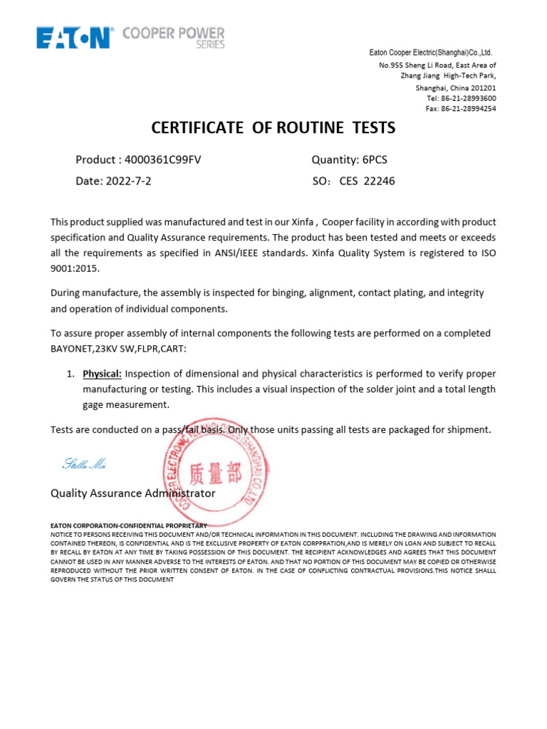Certificate of Routine Test 4000361C99FV | PDF
