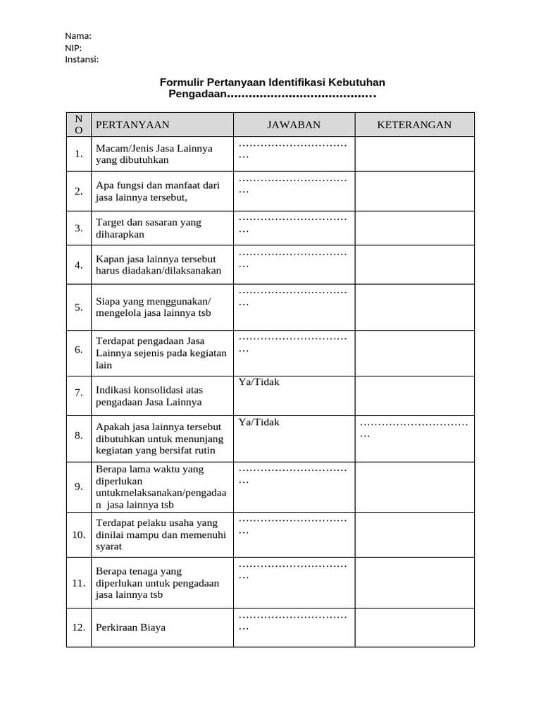 Lampiran 03 - Form Identifikasi Kebutuhan - PPK Tipe C 2024 | PDF