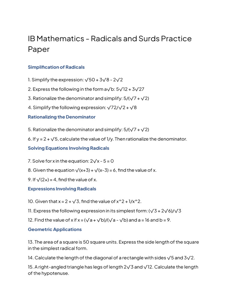 Ada Practice Paper Radicals Surds | PDF