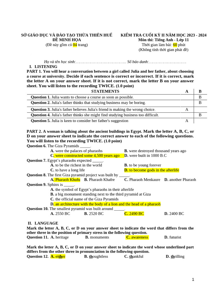 E11 CK2 - Đáp Án | PDF