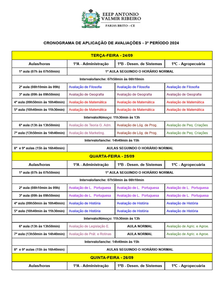 Cronograma de Aplicação de Avaliações 3º Período | PDF