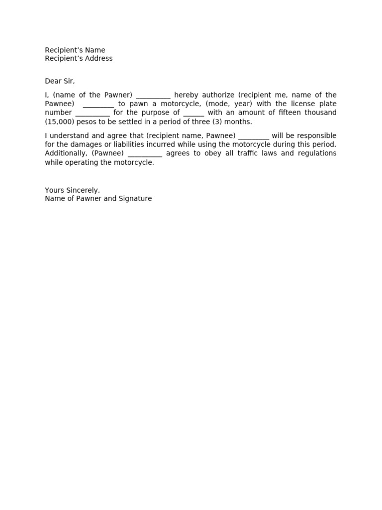 Pawning Agreement Letter | PDF