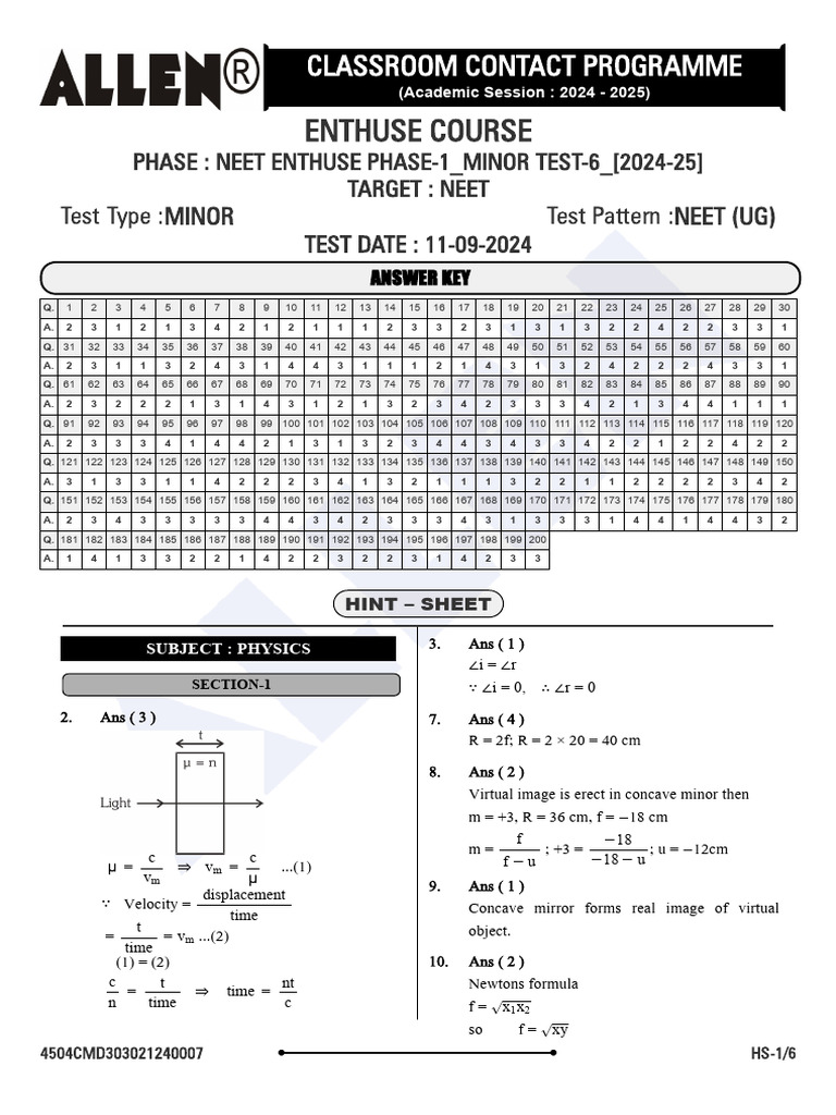 NEET-Enthuse - Phase 1 - Minor Test - 6 - 11.09.2024 - Key & Solutions ...