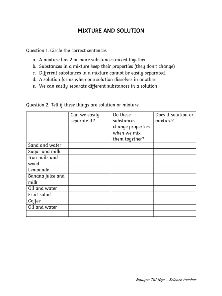 Worksheet 1. Mixture and Solution | PDF