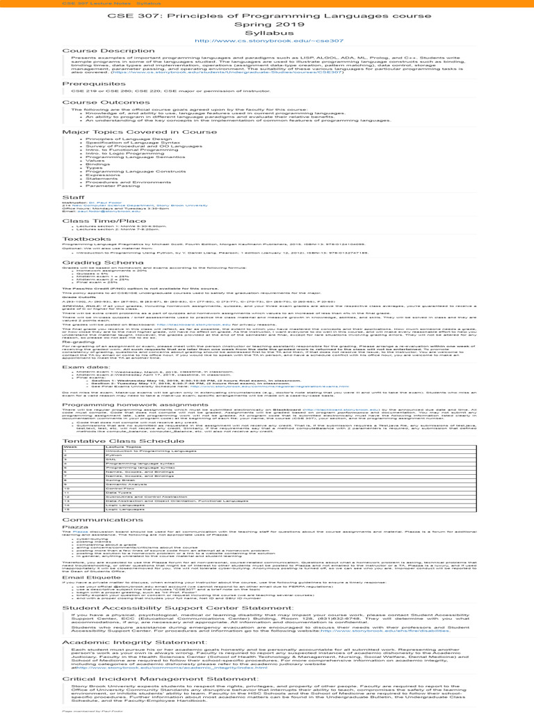 Cse307 Principles Of Programming Languages Course Syllabus Pdf