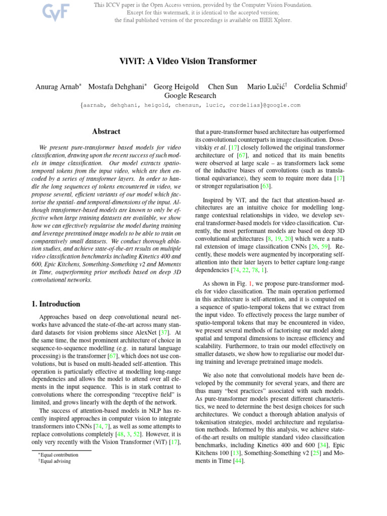 Arnab ViViT A Video Vision Transformer ICCV 2021 Paper | PDF