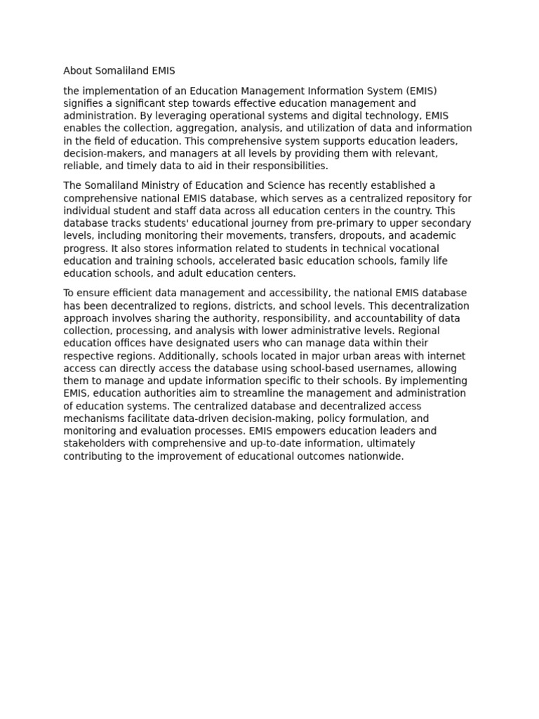 About Somaliland EMIS | PDF