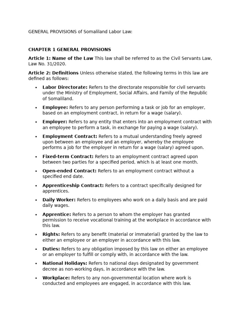 GENERAL PROVISIONS of Somaliland Labor Law | PDF