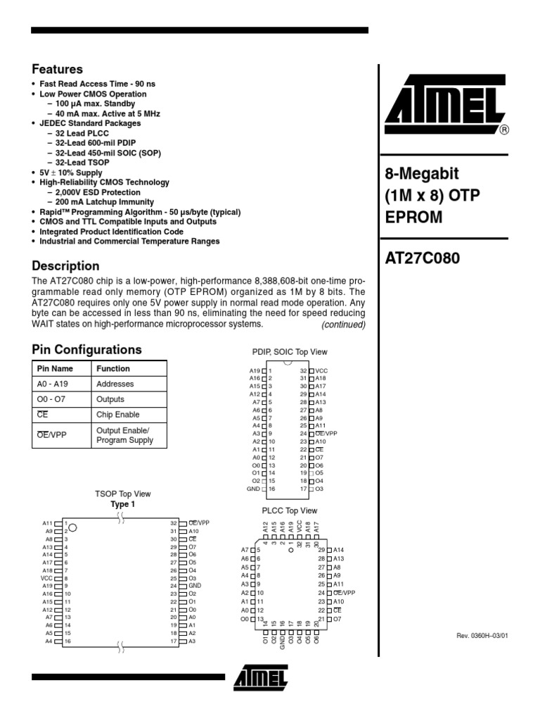 8-Megabit (1M X 8) OTP Eprom AT27C080: Features | PDF