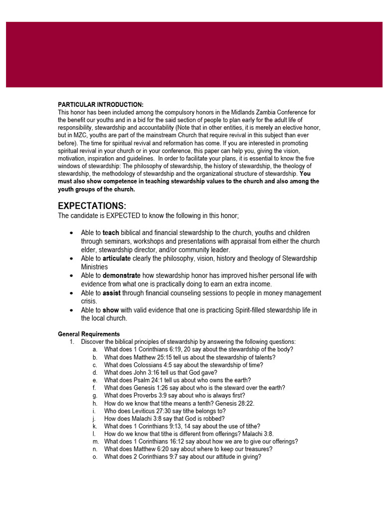 Adventist Youth Ministries - Stewardship Honor | PDF
