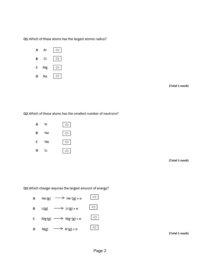 Atomic Structure (Multiple Choice) QP | PDF