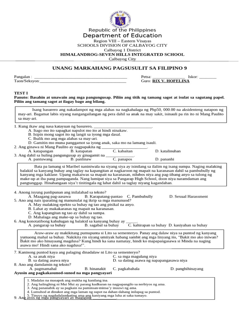 FILIPINO 9 EXAM 1ST Q | PDF