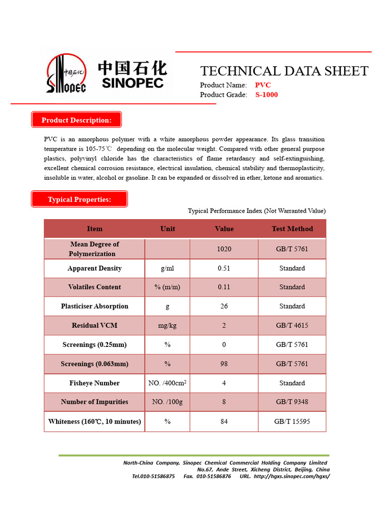 Technical Data Sheet-Pvc S-1000 | PDF | Polyvinyl Chloride | Chemical ...