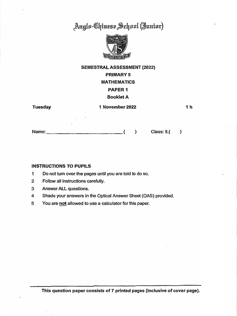 P5 Maths ACSJ 2022 SA2 Exam Papers | PDF