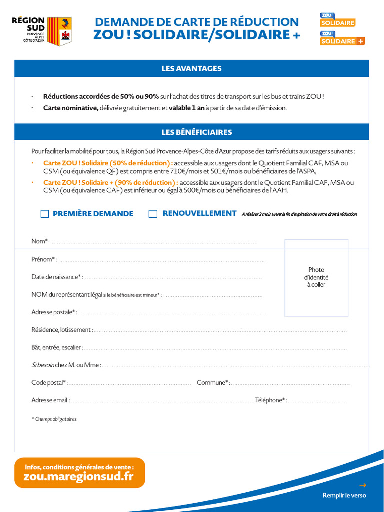 Region Sud Zou Formulaire Carte Zou Solidaire A4 v5 | PDF