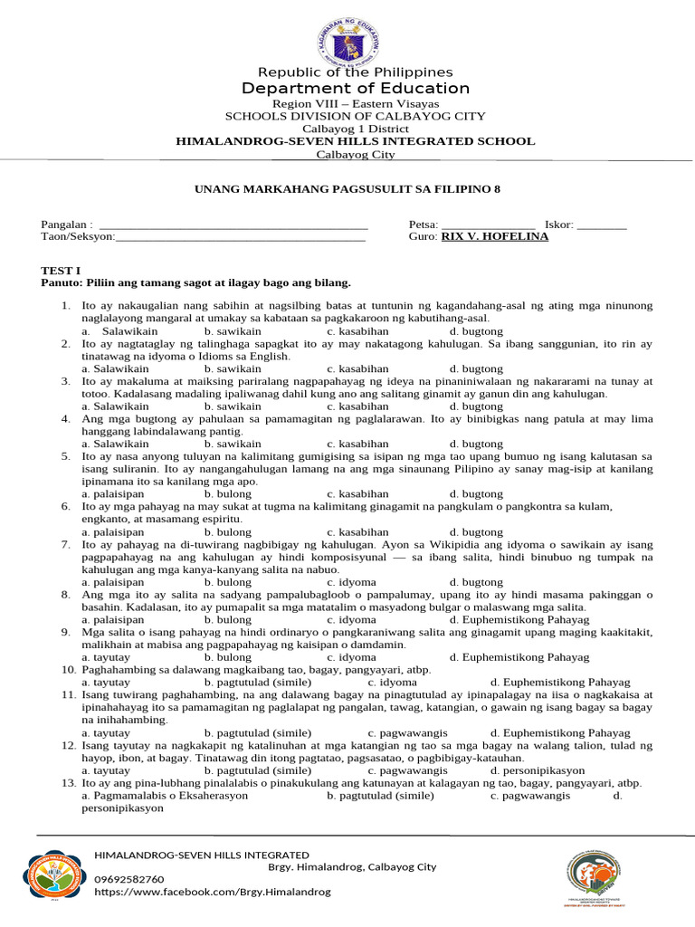 Filipino 8 Exam 1ST Q | PDF
