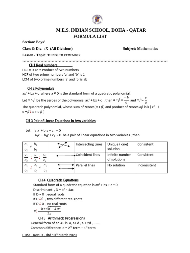 Formula List Maths Class 10 2023 - 2024 | PDF