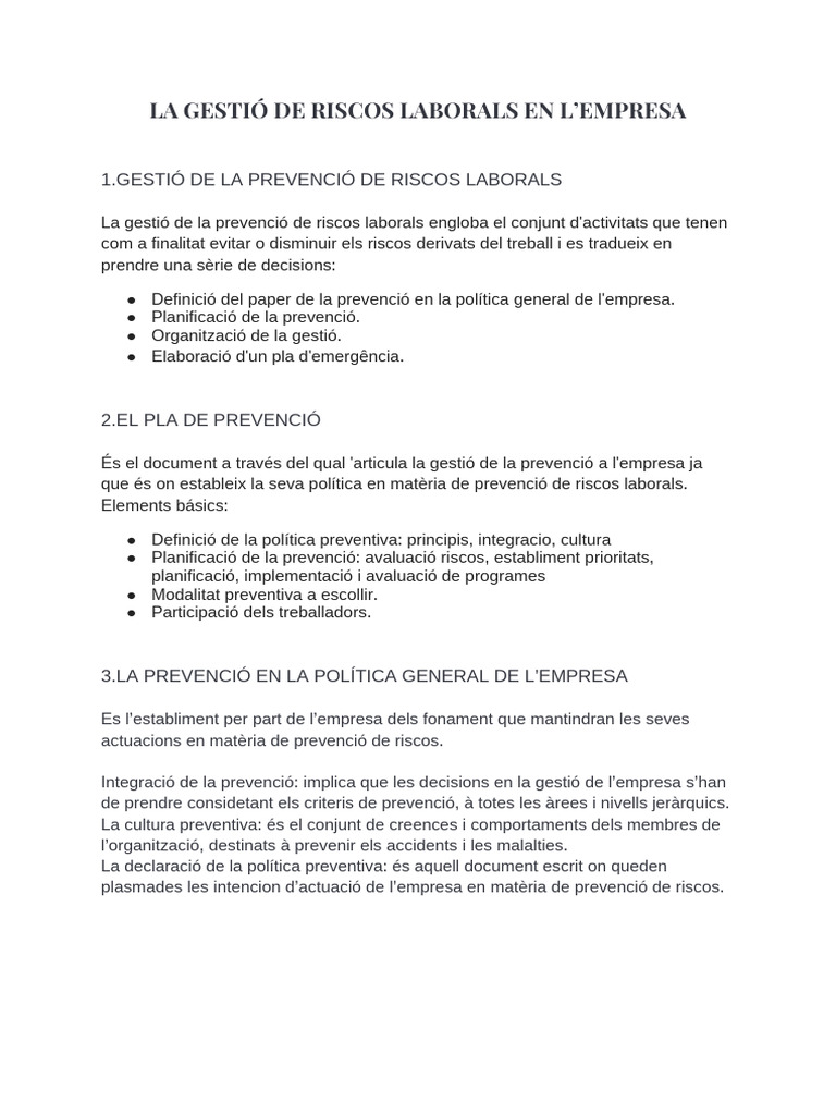 RESUM FOL, Gestio de Riscos Laborals en L'empresa | PDF