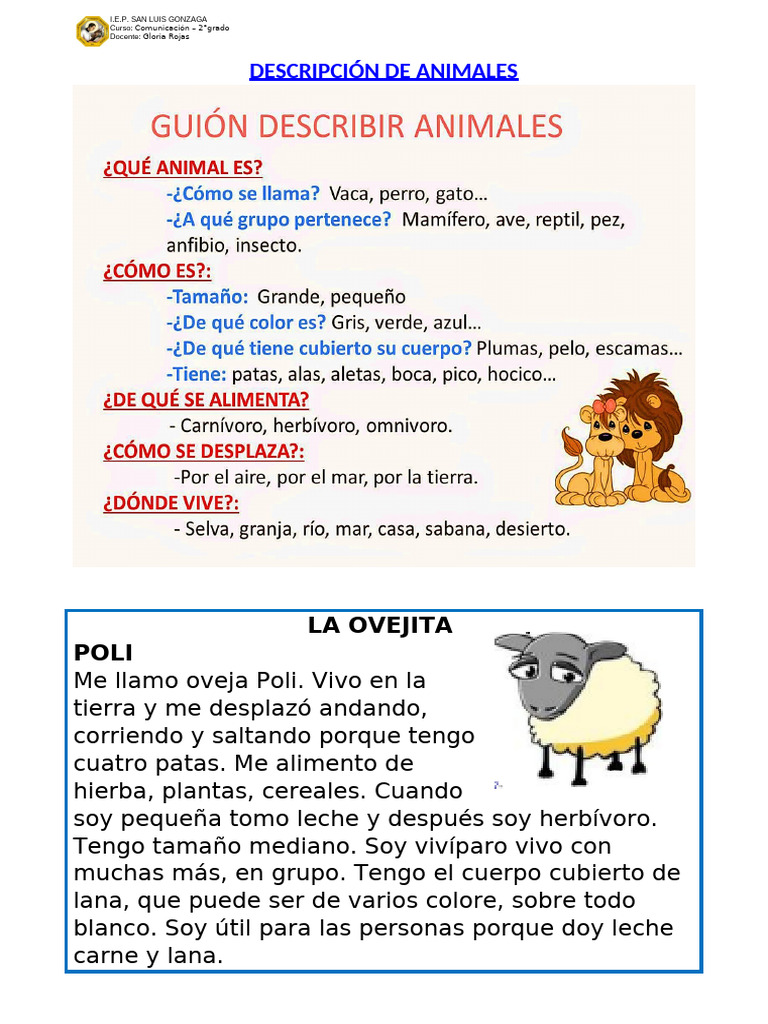 Comunicación Descripción de Animales | PDF