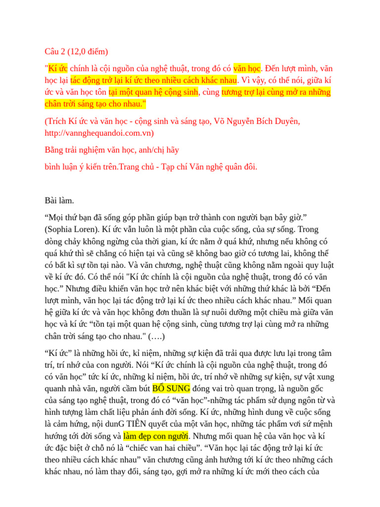 13.9.24 Câu 2 -Kí Ức Và Văn Học | PDF