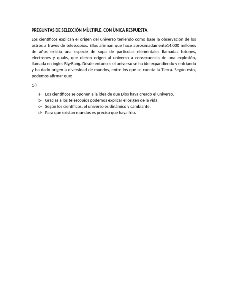 Preguntas de Selección Mùltiple, Con Ùnica Respuesta | PDF