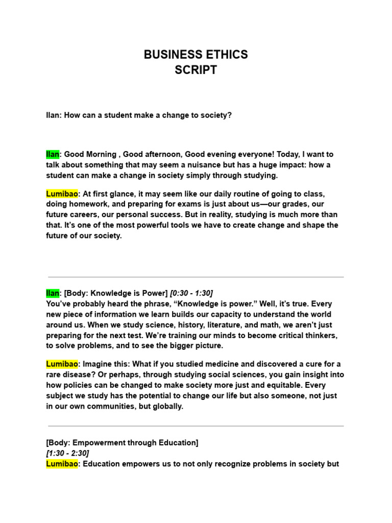 BUSINESS ETHICS Script | PDF