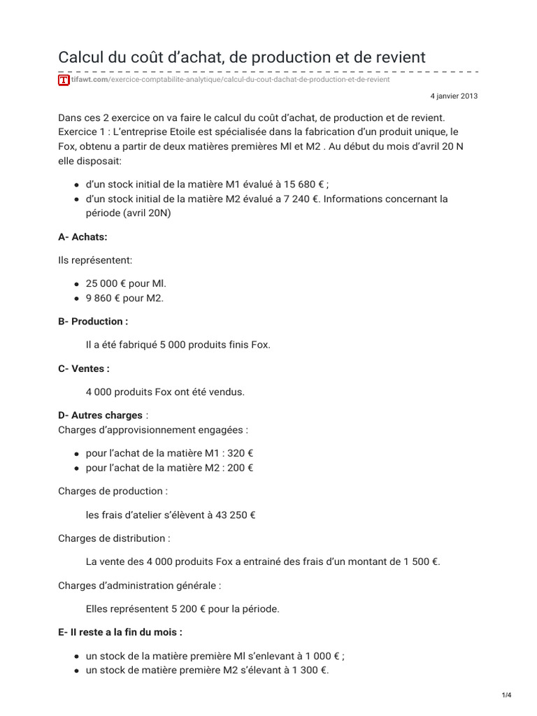 Calcul Ducout Dachat de Production Et de Revient | PDF