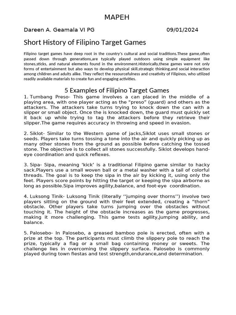 Mapeh Filipino Target Games | PDF