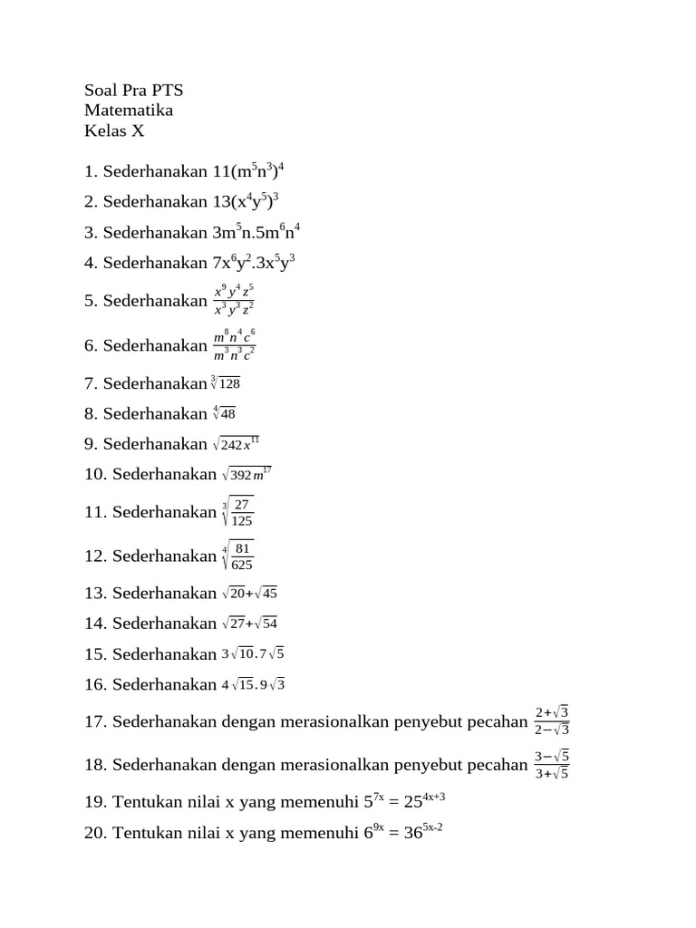 Latihan Soal - Pra Pts - MTK Wajib - Kls X - Parmin - Sept 24 | PDF