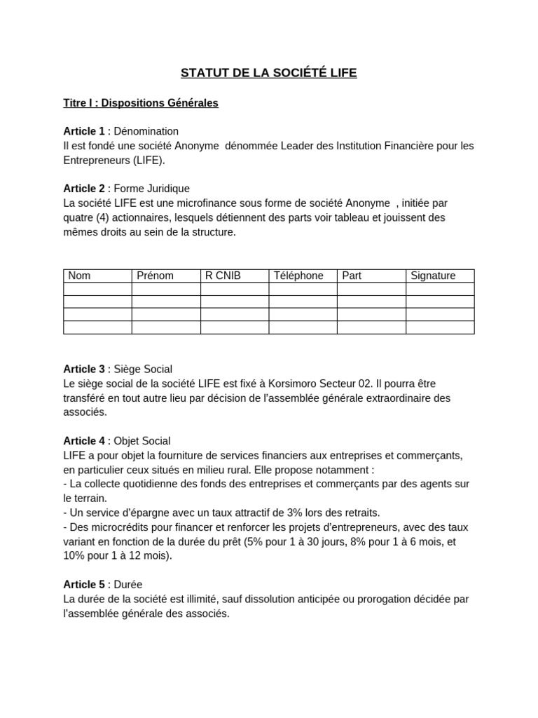 Statut de La Société Life | PDF