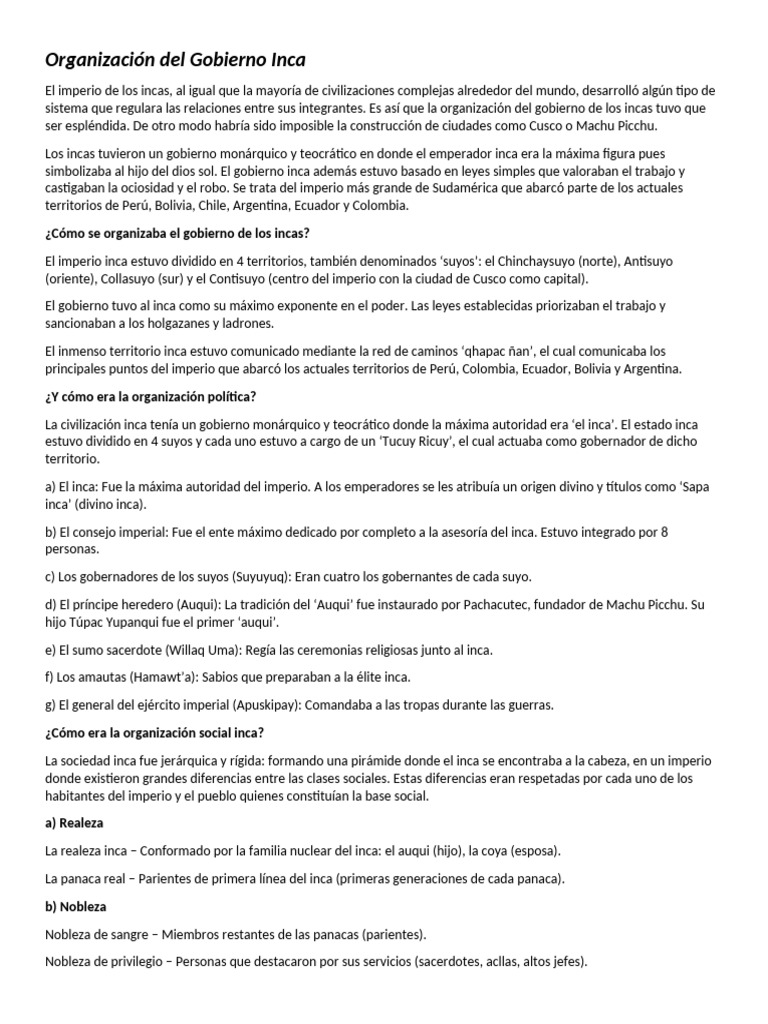 Organización Del Gobierno Inca | PDF | Imperio Inca | Andes