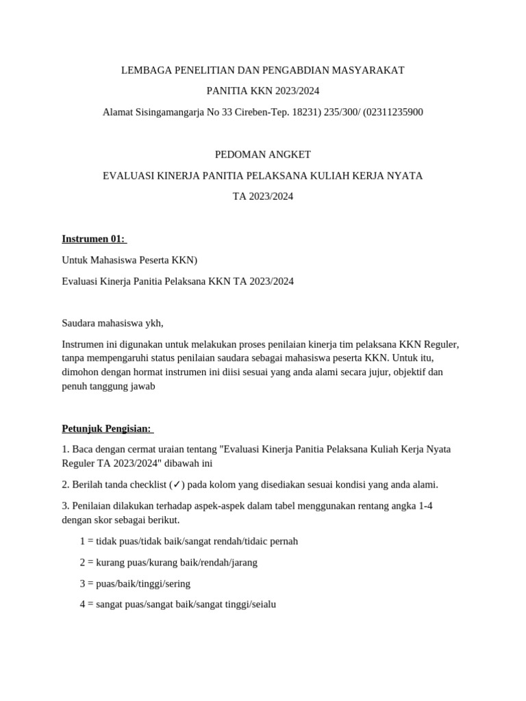 Pedoman Angket Evaluasi Kinerja Panitia Pelaksana KKN | PDF