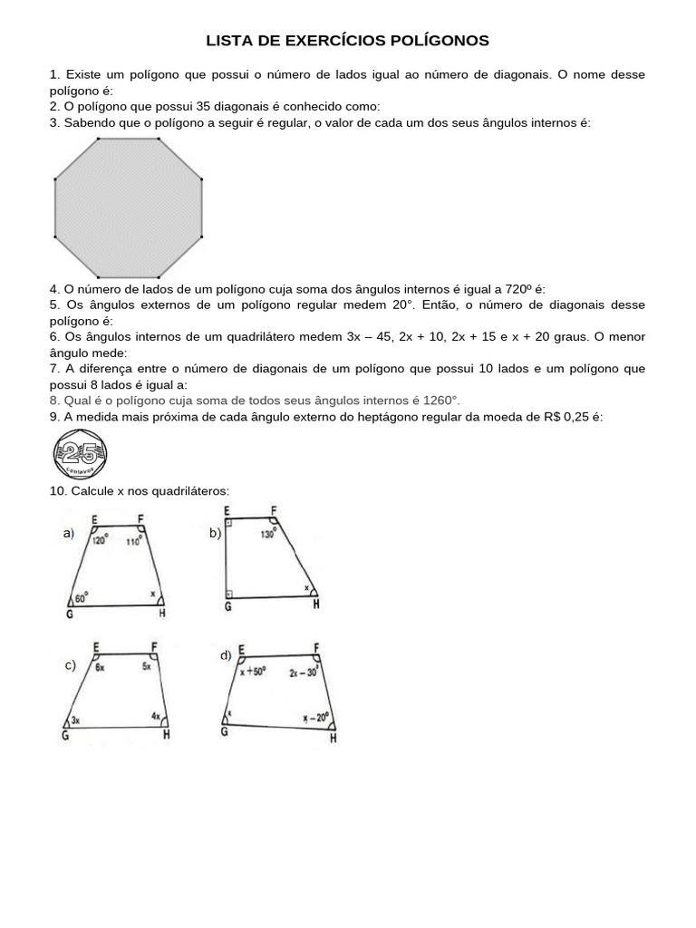 Lista de Exercícios Polígonos | PDF