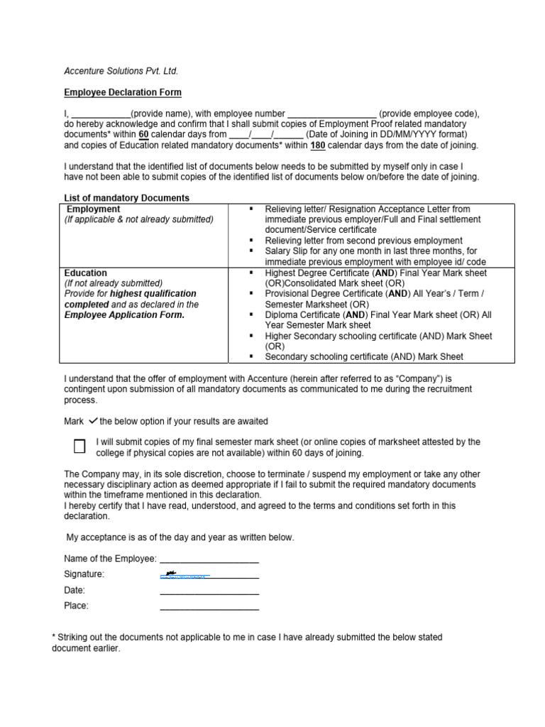 Declaration - Mandatory Documents Submission | PDF