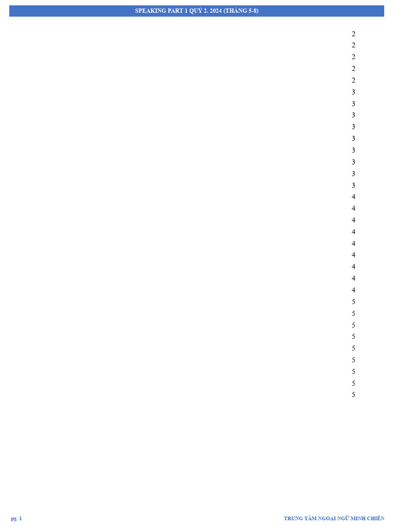 Speaking Part 1 Quý 2. 2024 Tháng 5 8 | PDF