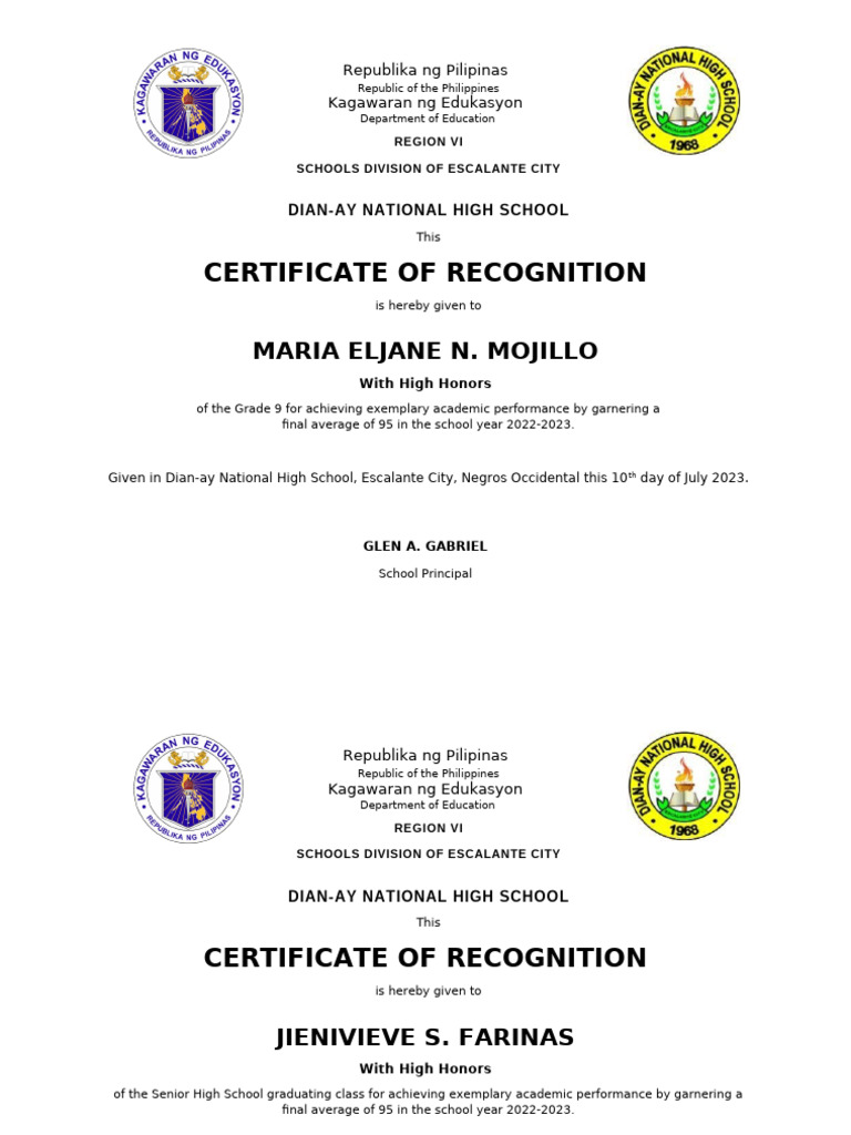 Sample Certificate For With-Honors | PDF