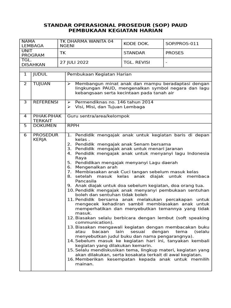 Sop Paud Pembukaan Kegiatan Harian | PDF