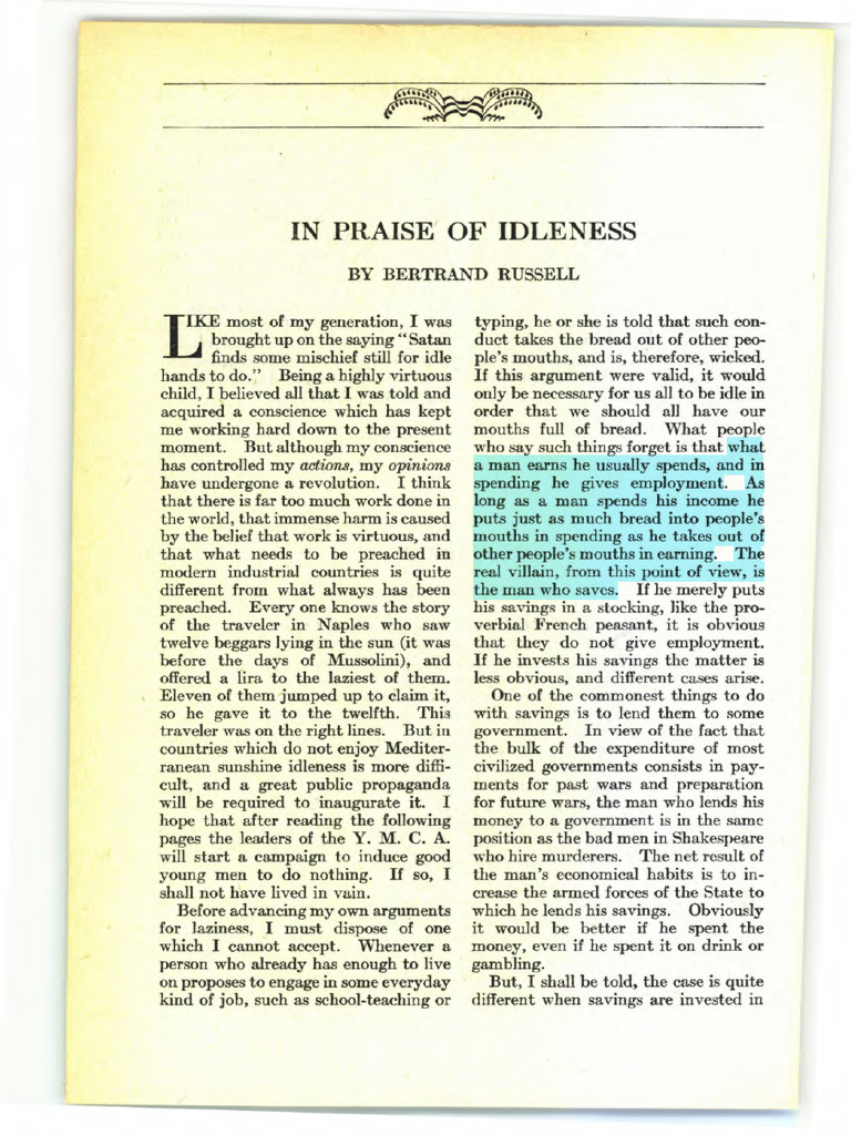 2) Bertrand Russell - in Praise of Idleness | PDF