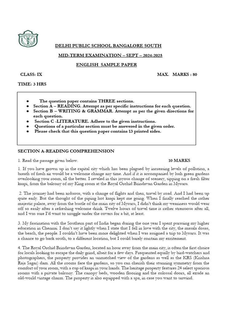 Ix Eng Mid Term Sample Paper | PDF