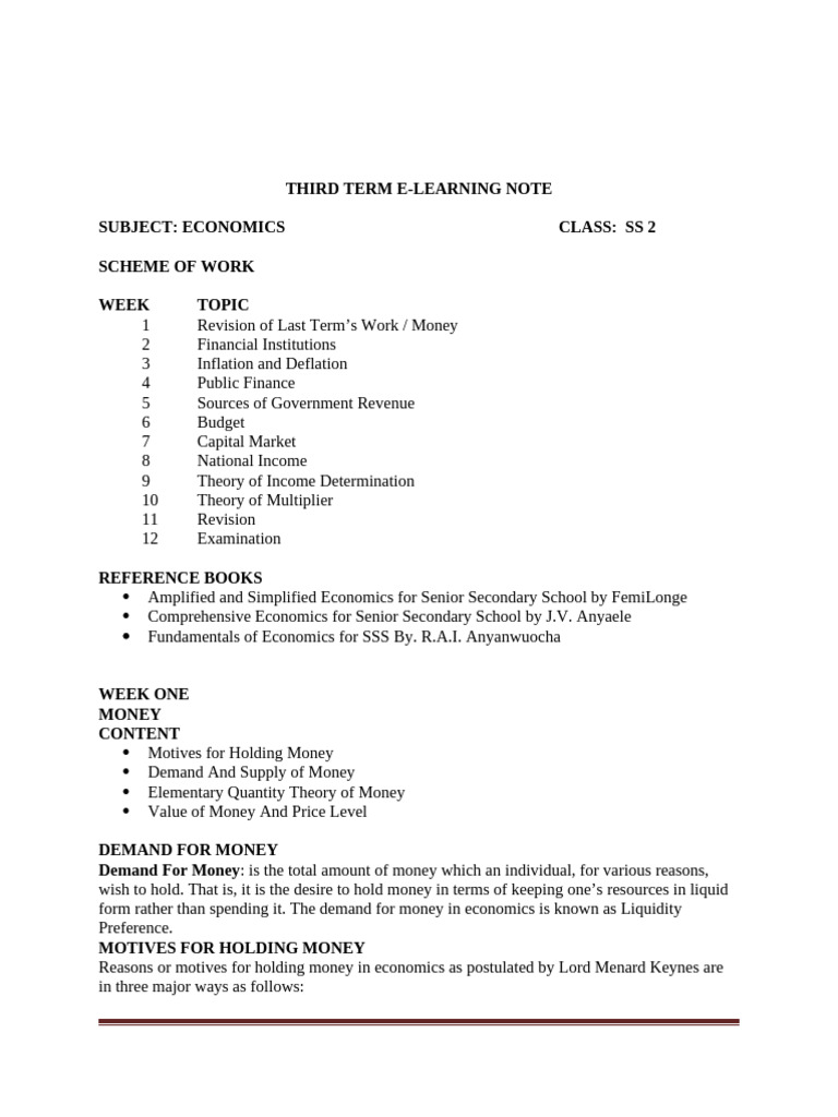Third Term Ss2 Economics Lesson Note-1 | PDF