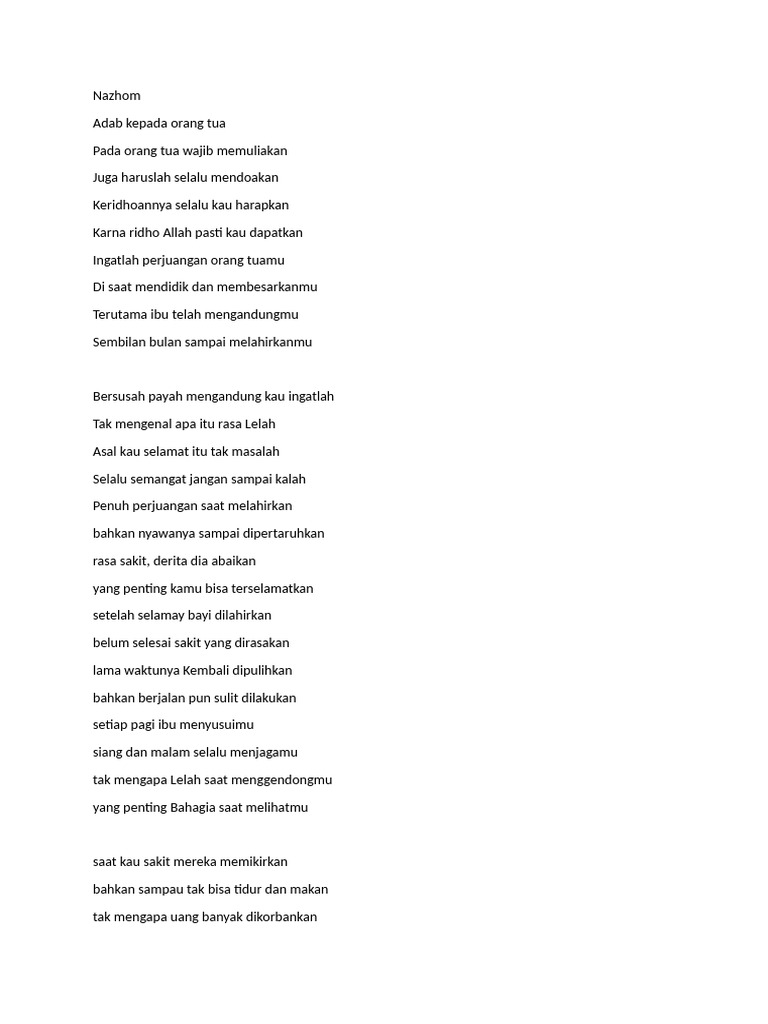 Nazhom Lagu Adab Kepada Orang Tua MAPSI 2024 | PDF