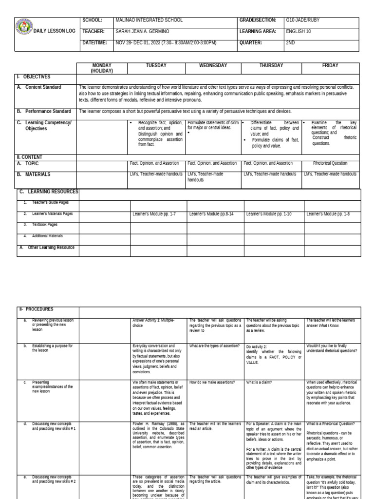 Daily Lesson Log 10 | PDF