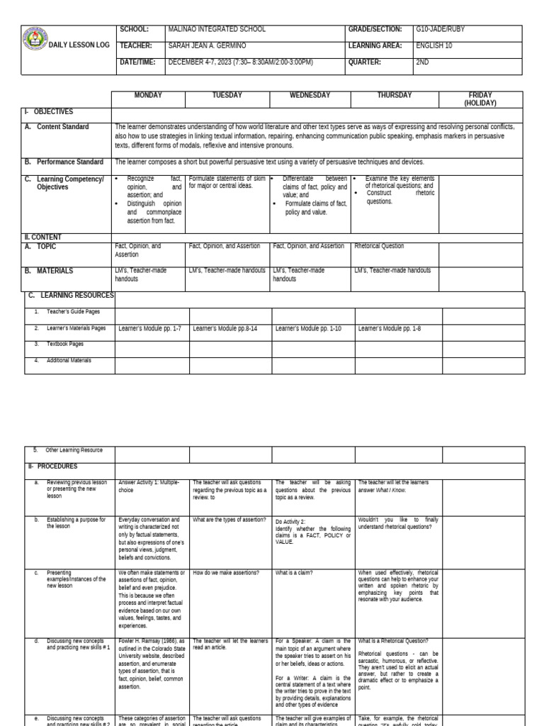 Daily Lesson Log 10 | PDF