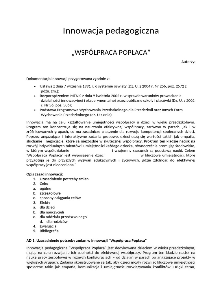 Innowacja Pedagogiczna | PDF
