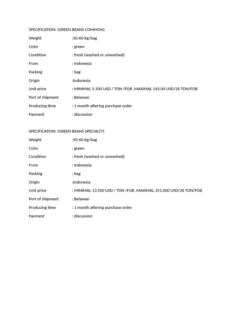 Specification Coffee Bean | PDF