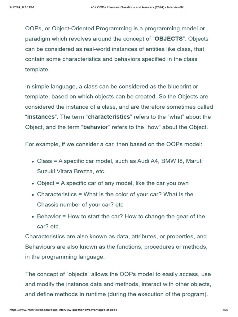 40+ OOPs Interview Questions and Answers (2024) - InterviewBit | PDF
