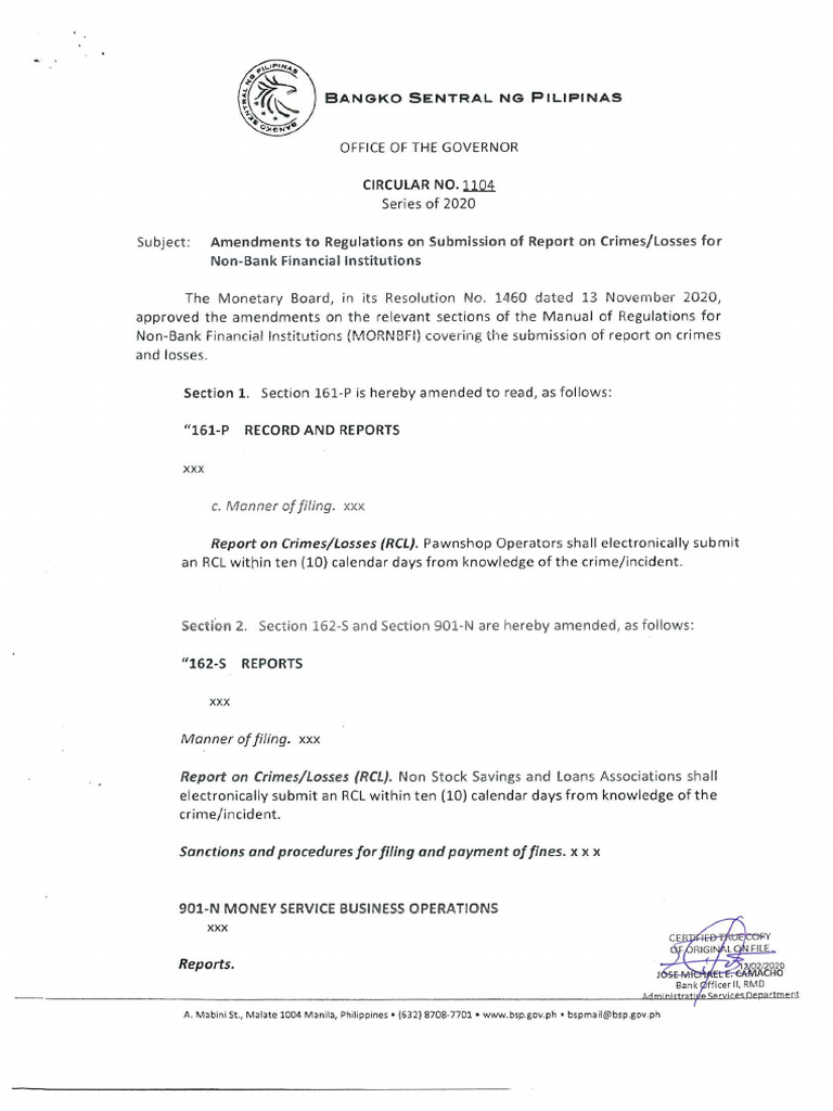 BSP Circular No 1104 Series of 2020 | PDF